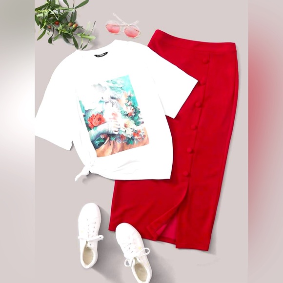 SHEIN | Skirts | Shein Cherry Red Midi Button Front Pencil Skirt Size ...